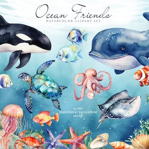 Sea Animals Clipart, Cute Ocean Animals Clipart, Nautical, Watercolor ...