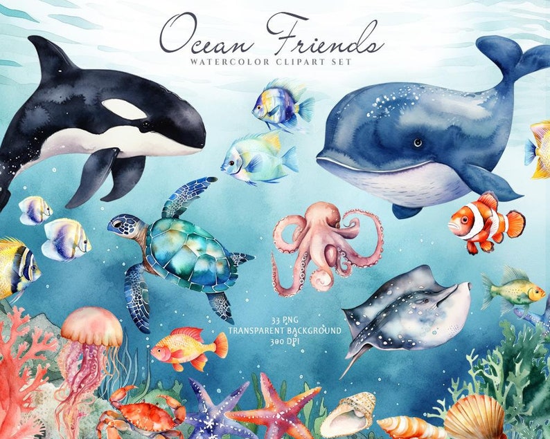 Sea Animals Clipart, Cute Ocean Animals Clipart, Nautical, Watercolor ...