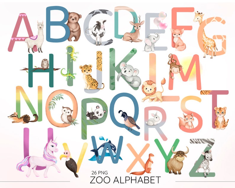 Watercolor Animals Alphabet Clipart Animals Letters Nursery - Etsy