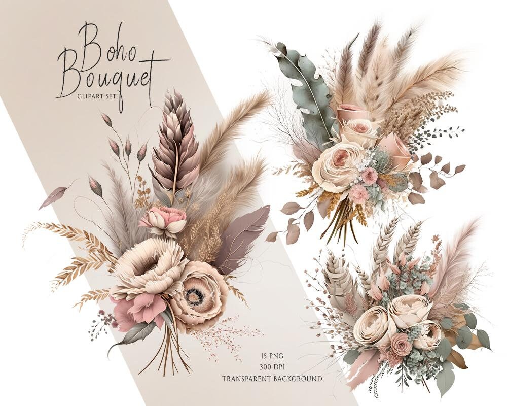 Boho Flowers Clipart, Rustic Flowers, Watercolor Floral Clipart, Boho ...