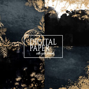 Black Floral Digital Paper, Gold Foil Flowers, Black Watercolor Paper ...