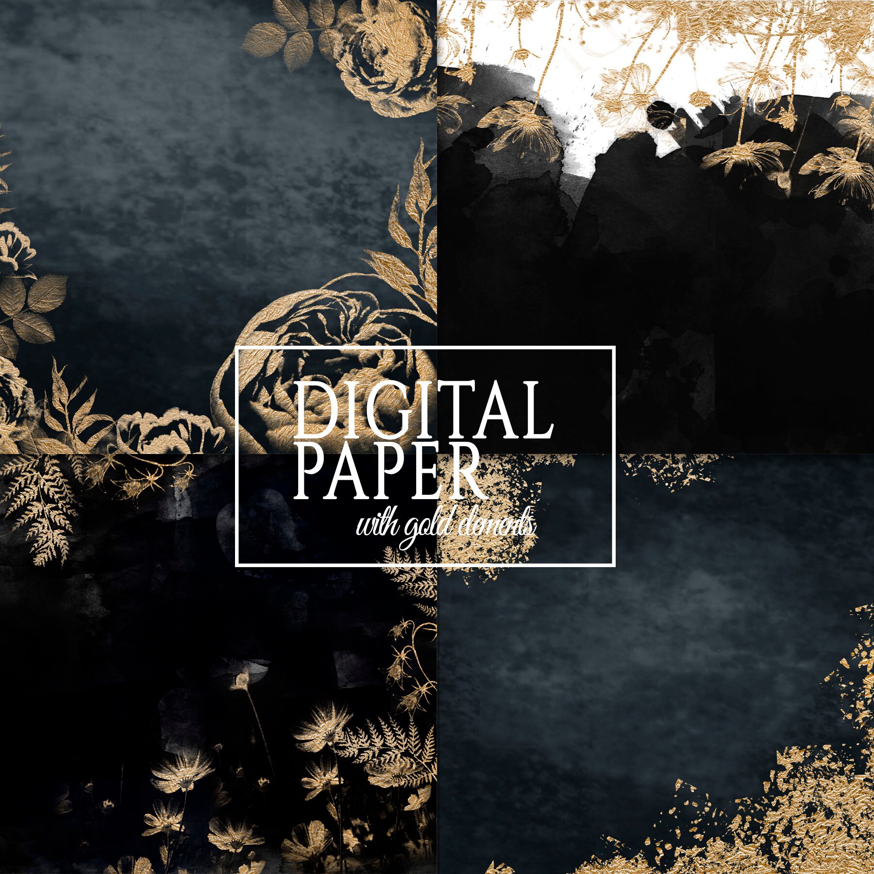 Black Floral Digital Paper Gold Foil Flowers Black | Etsy