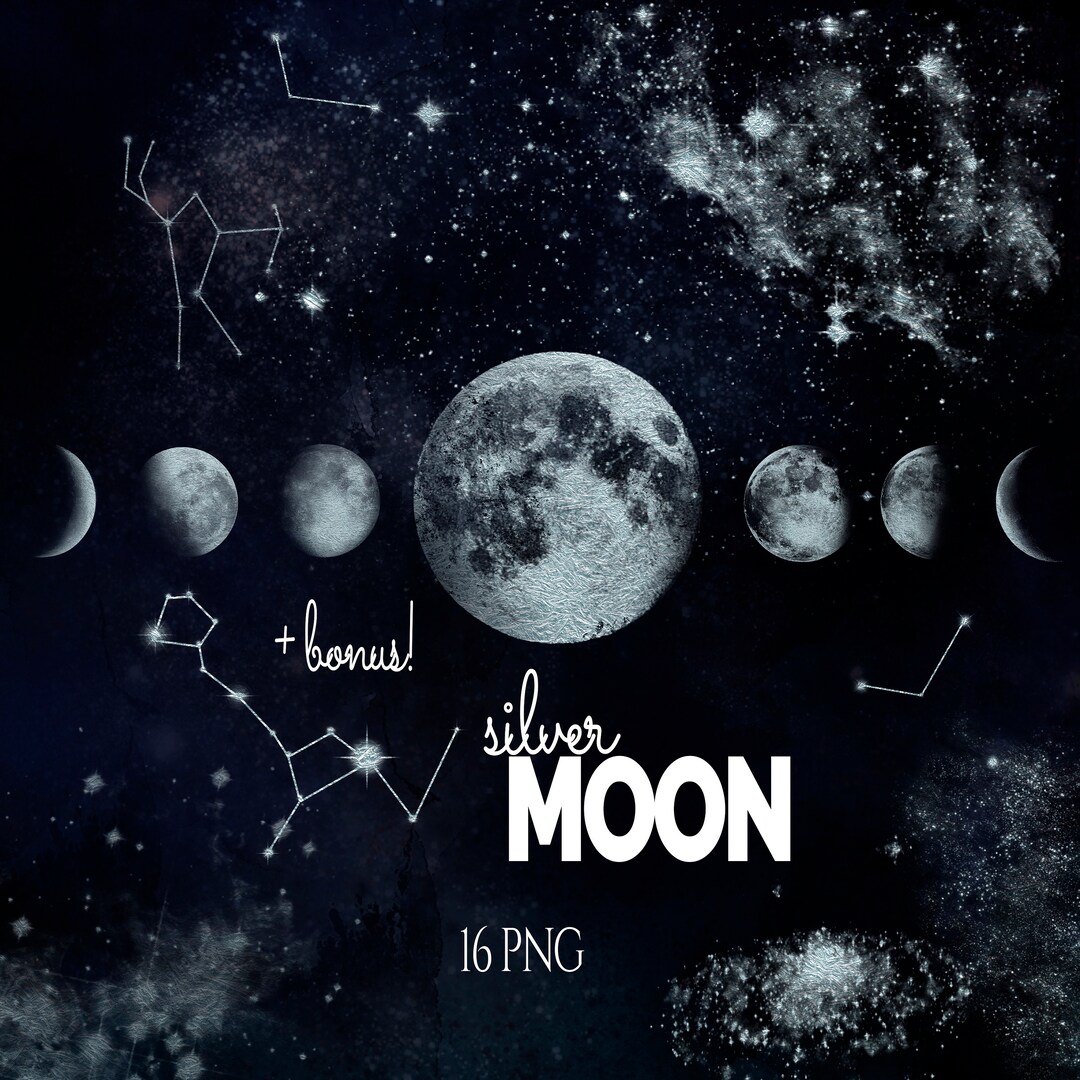 Silver Moon Clipart, Moon Phases Clipart, Night Sky Background, Stars ...