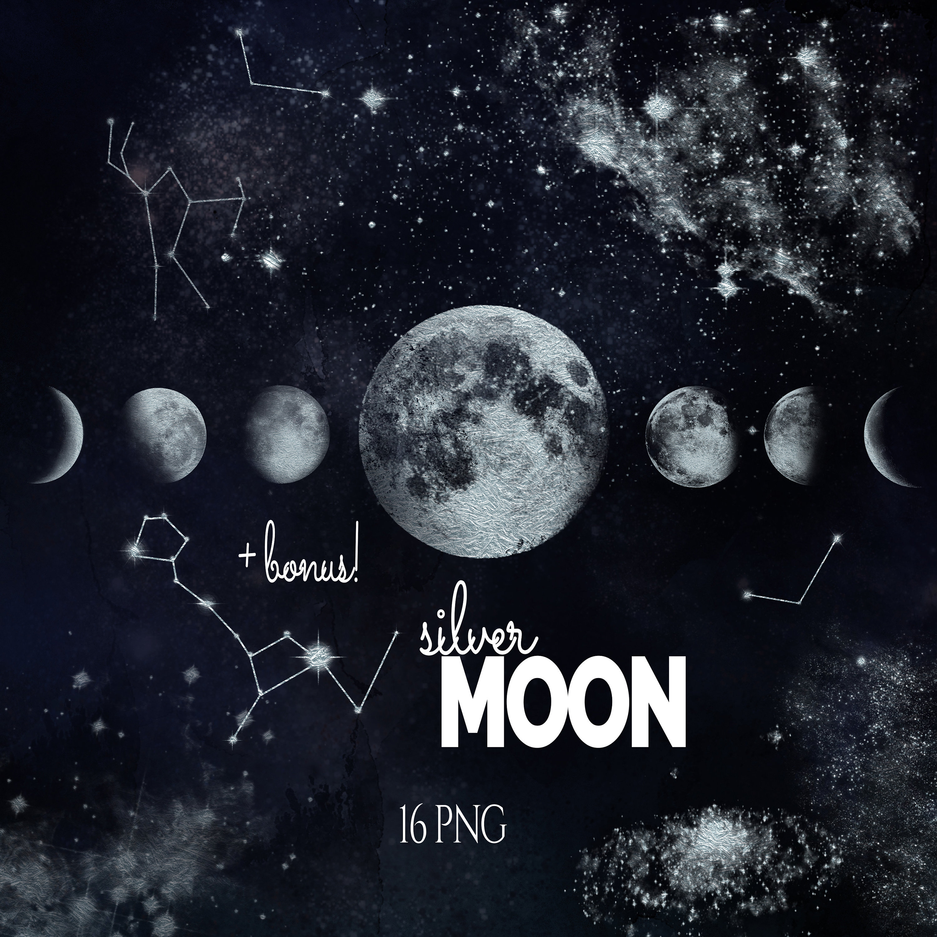 Silver Moon Clipart, Moon Phases Clipart, Night Sky Background, Stars ...