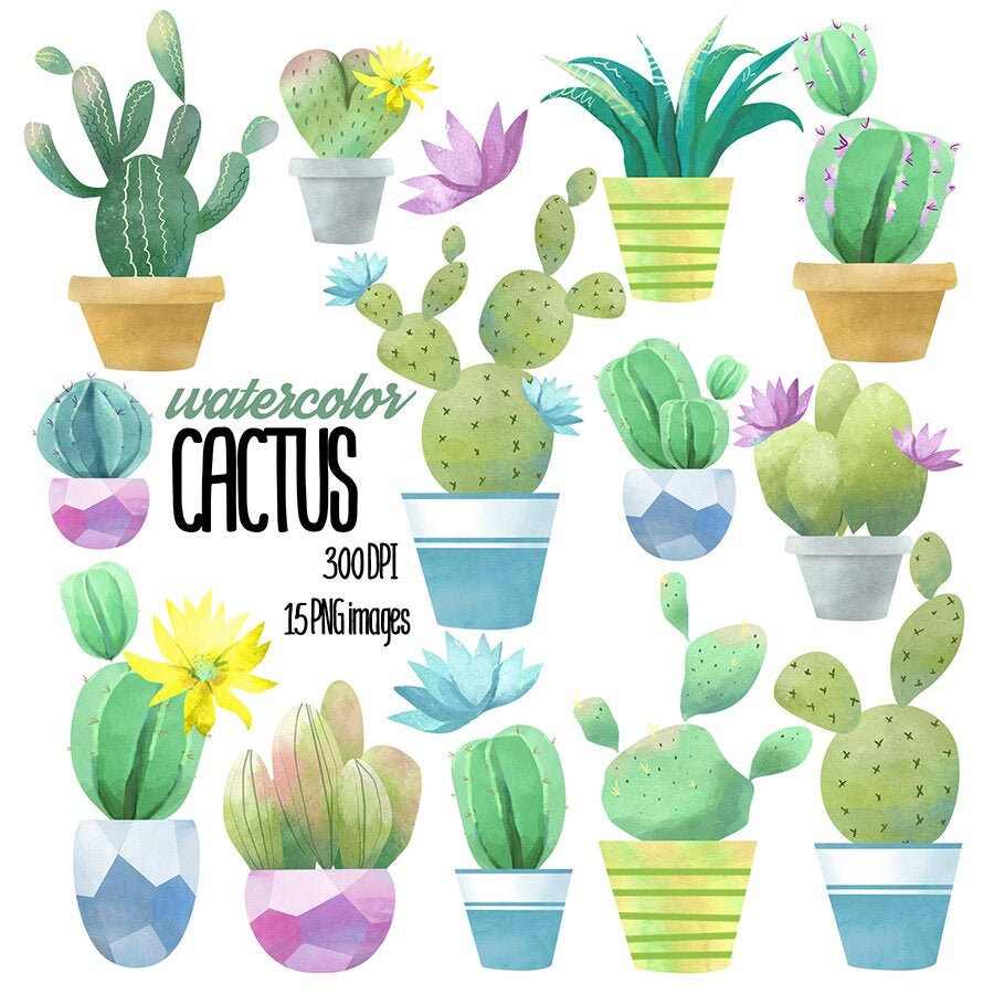 Watercolor Cactus Clipart Tropical Succulent Potted Plants | Etsy