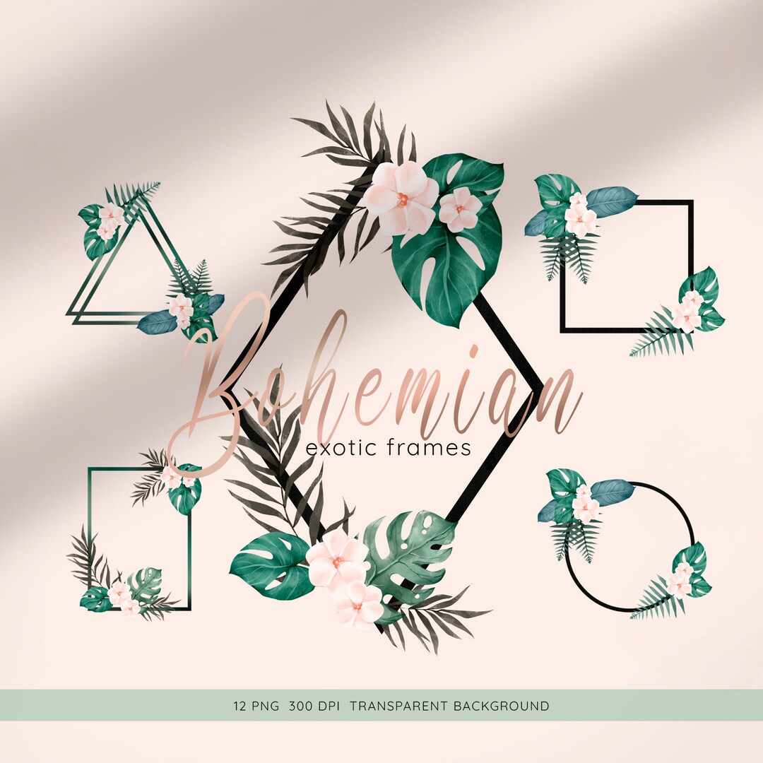 Boho Floral Frames, Watercolor Tropical Frame, Tropical Leaves Clip Art ...