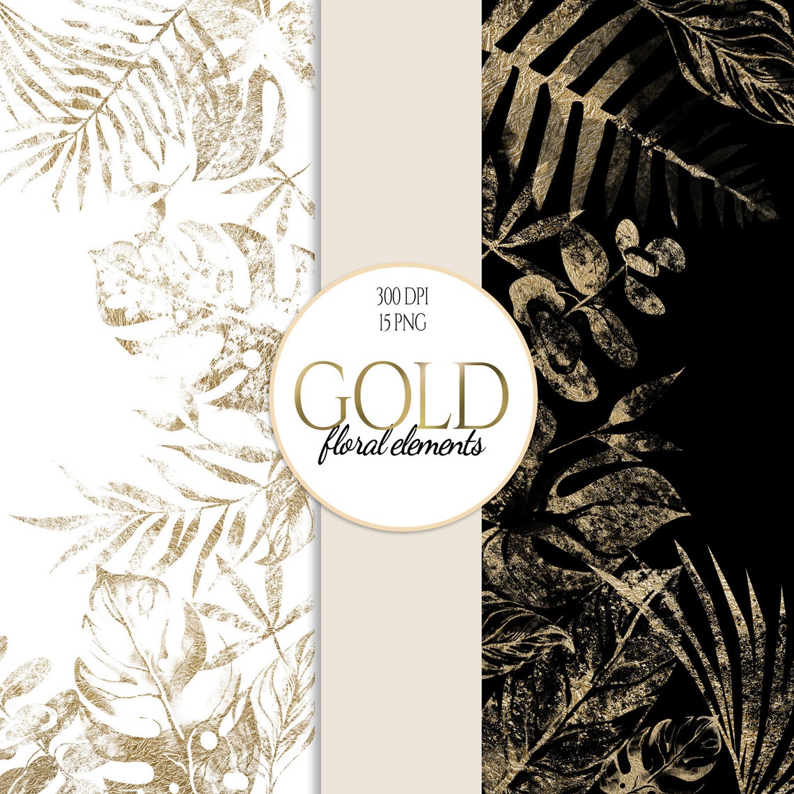 Gold Floral Elements Foil Leaves Clip Art Doodle Flower - Etsy