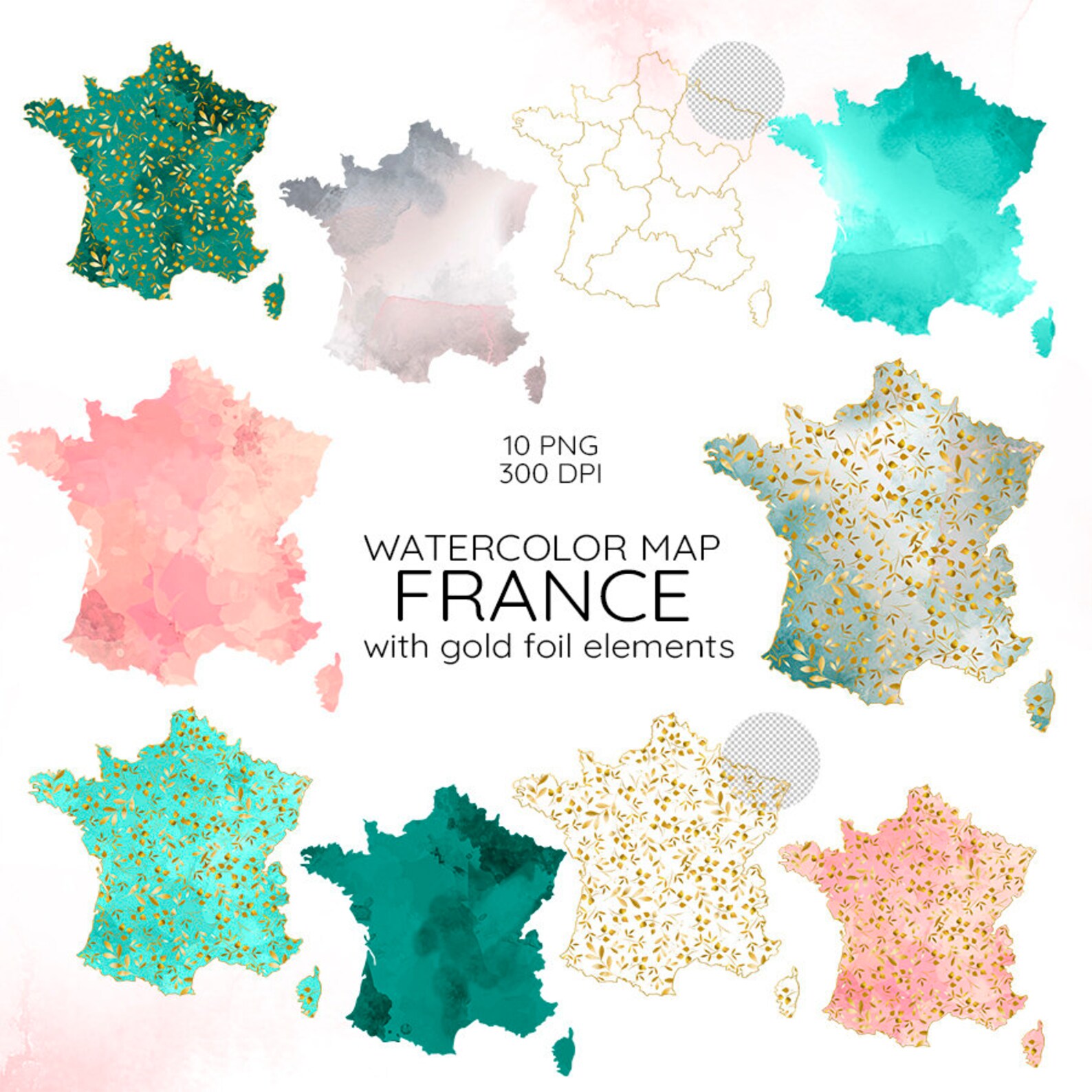 France Map, Watercolor France, Map Clipart, Gold Foil France Map ...