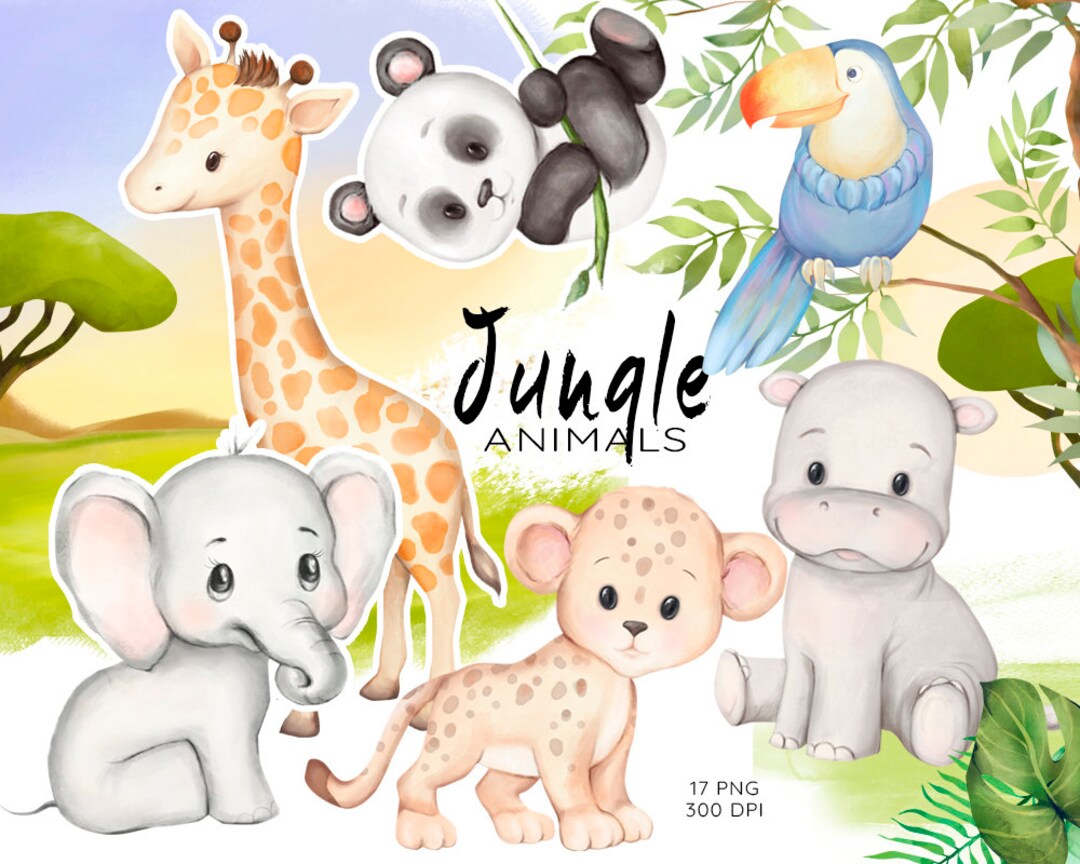 Watercolor Jungle Animals Clipart: Safari Nursery Art (PNG Digital ...