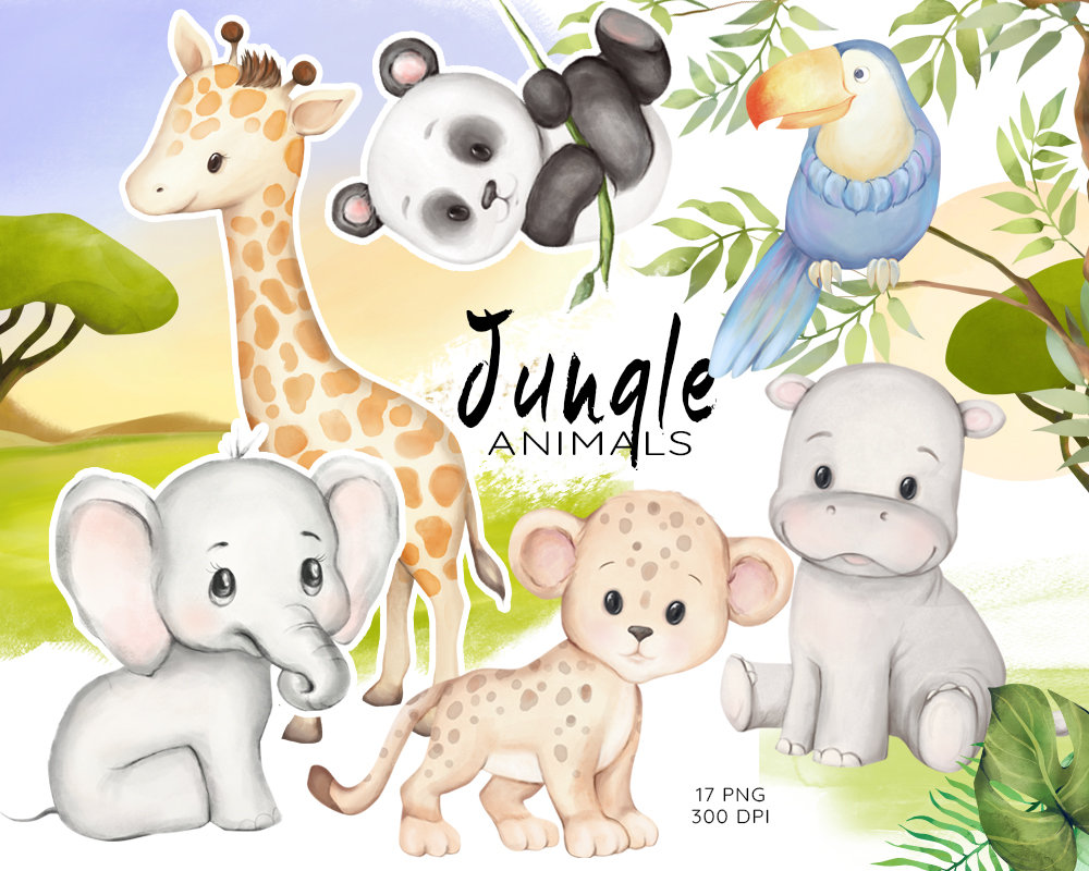 Watercolor Jungle Animals Clipart Safari Baby Hippo Cute | Etsy