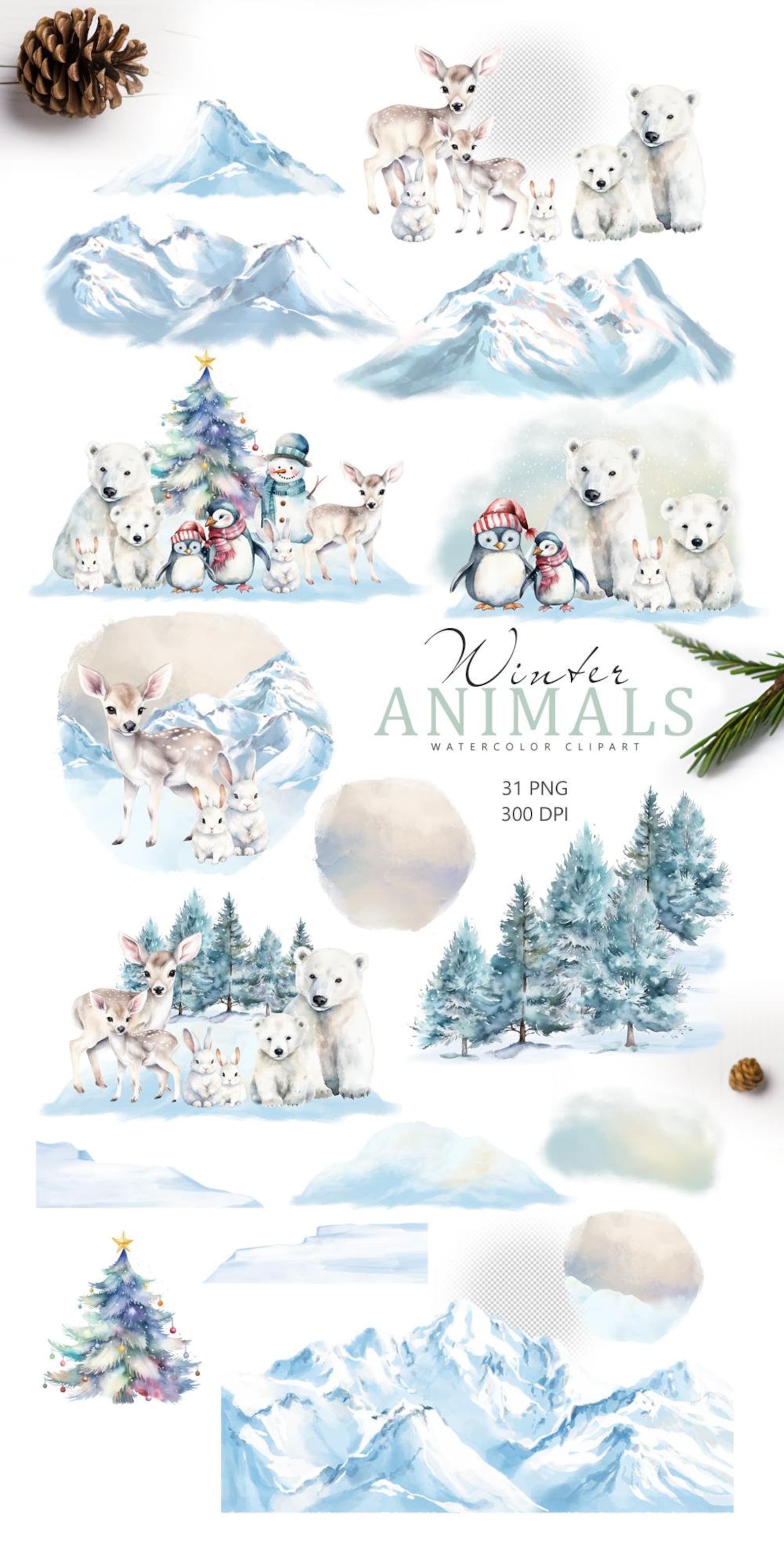 Watercolor Winter Animals Clipart: Arctic Christmas PNG (digital ...