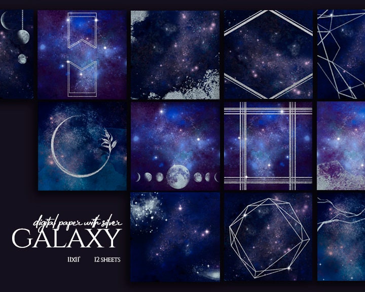Galaxy Digital Paper Silver Geometric Frames Outer Space | Etsy