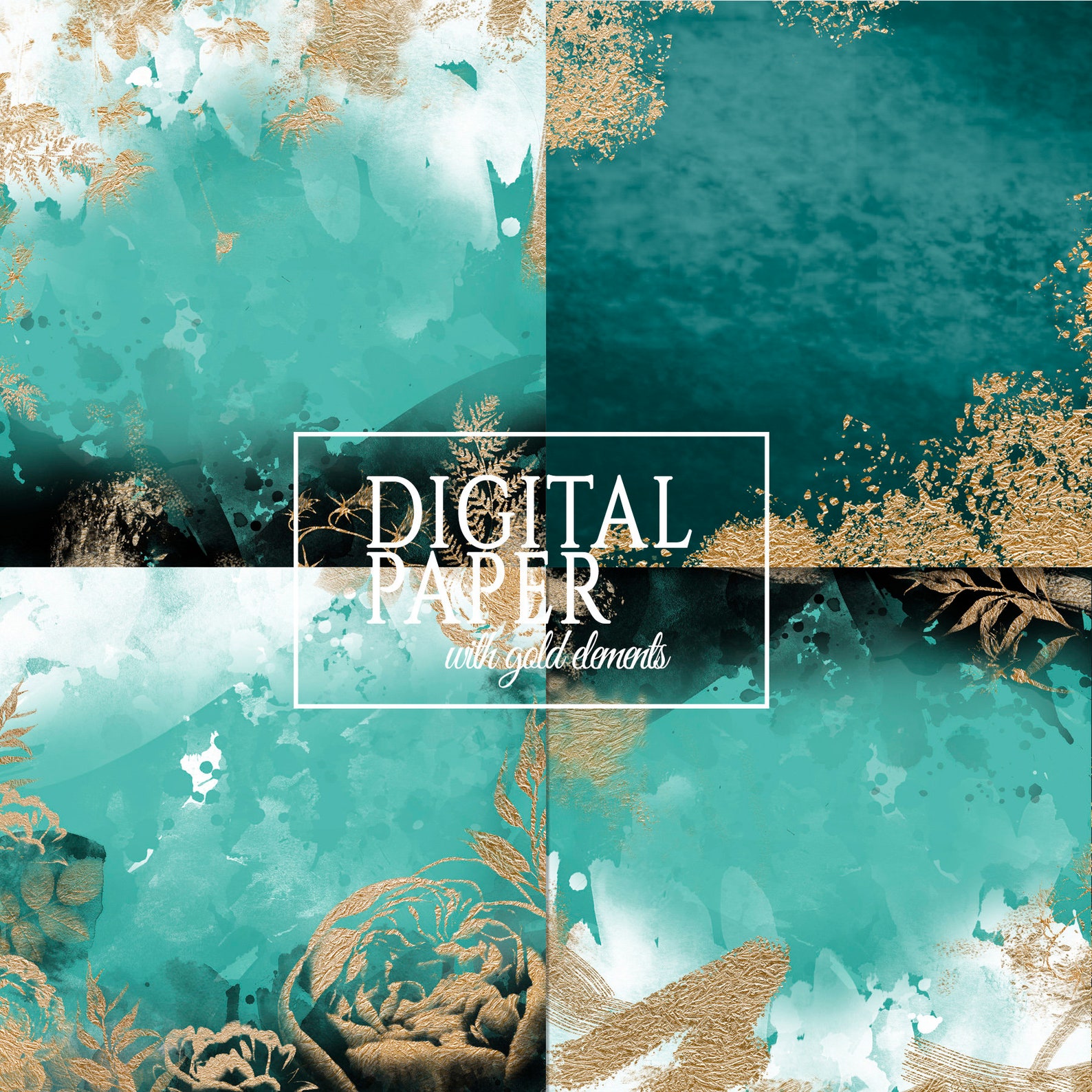 Emerald Digital Paper Set Gold Foil Flowers Deep Green - Etsy