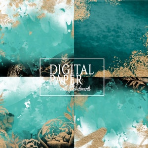 Emerald Digital Paper Set, Gold Foil Flowers, Deep Green Watercolor ...