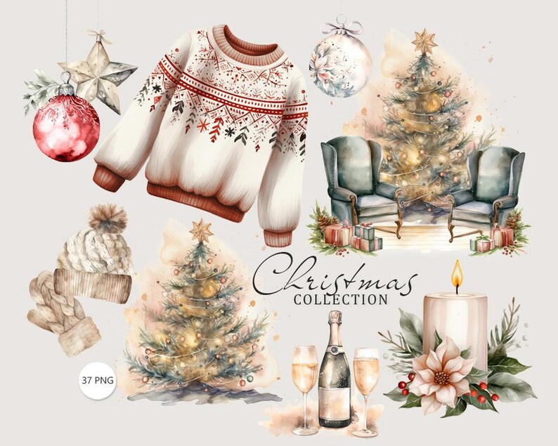 Christmas Collection Clipart, Watercolor Cozy Winter Clipart, Christmas ...