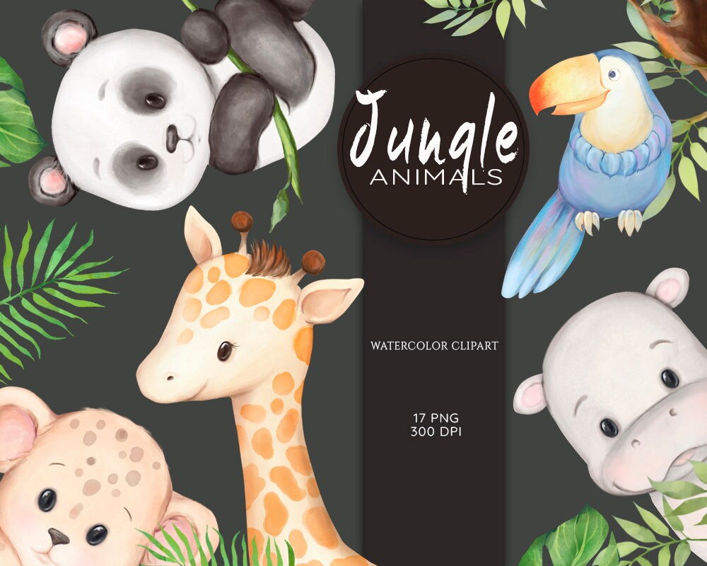 Watercolor Jungle Animals Clipart Safari Baby Hippo Cute | Etsy