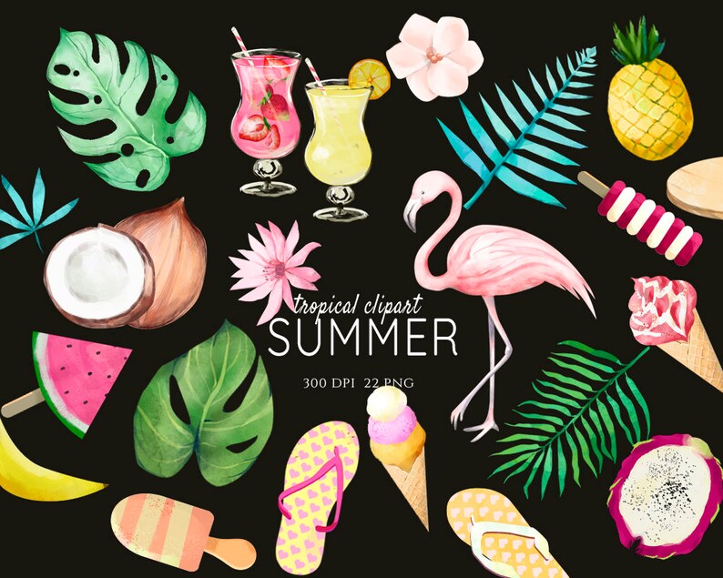 Tropical Clipart, Watercolor Summer, Palm Leaves Clipart, Tropical ...