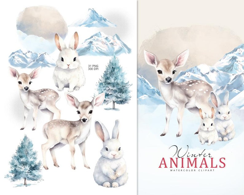 Watercolor Winter Animals Clipart: Arctic Christmas PNG (digital ...