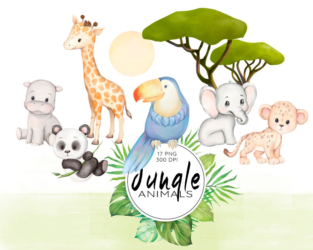 Watercolor Jungle Animals Clipart Safari Baby Hippo Cute | Etsy