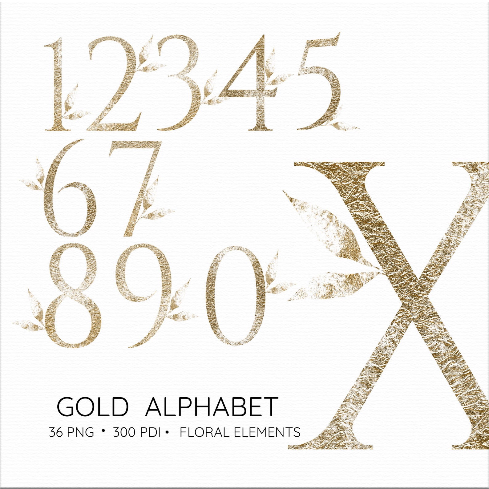 Gold Glitter Alphabet, Gold Letters Clipart, Floral Alphabet, Foil ...