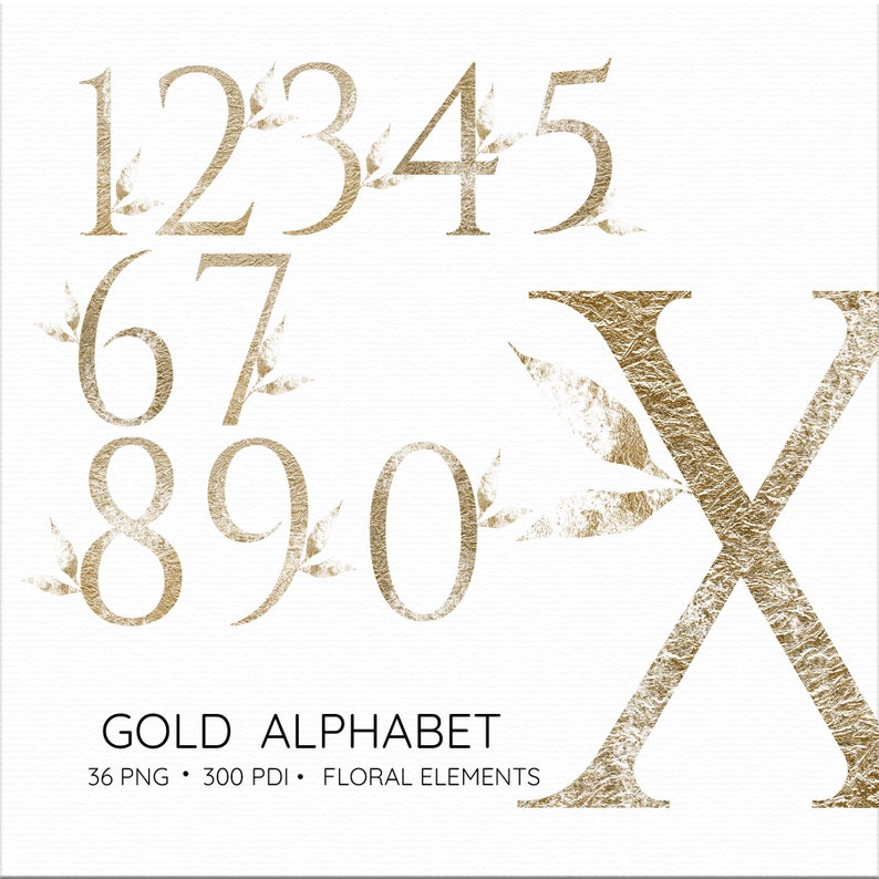 Gold Glitter Alphabet, Gold Letters Clipart, Floral Alphabet, Foil ...