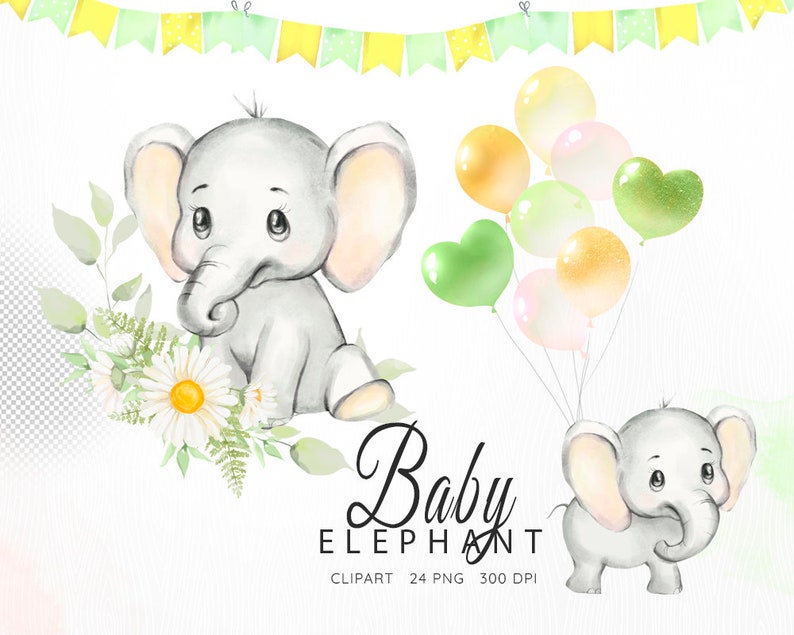 Cute Elephant Clipart, Watercolor Elephant, Nursery Clip Art, Baby ...