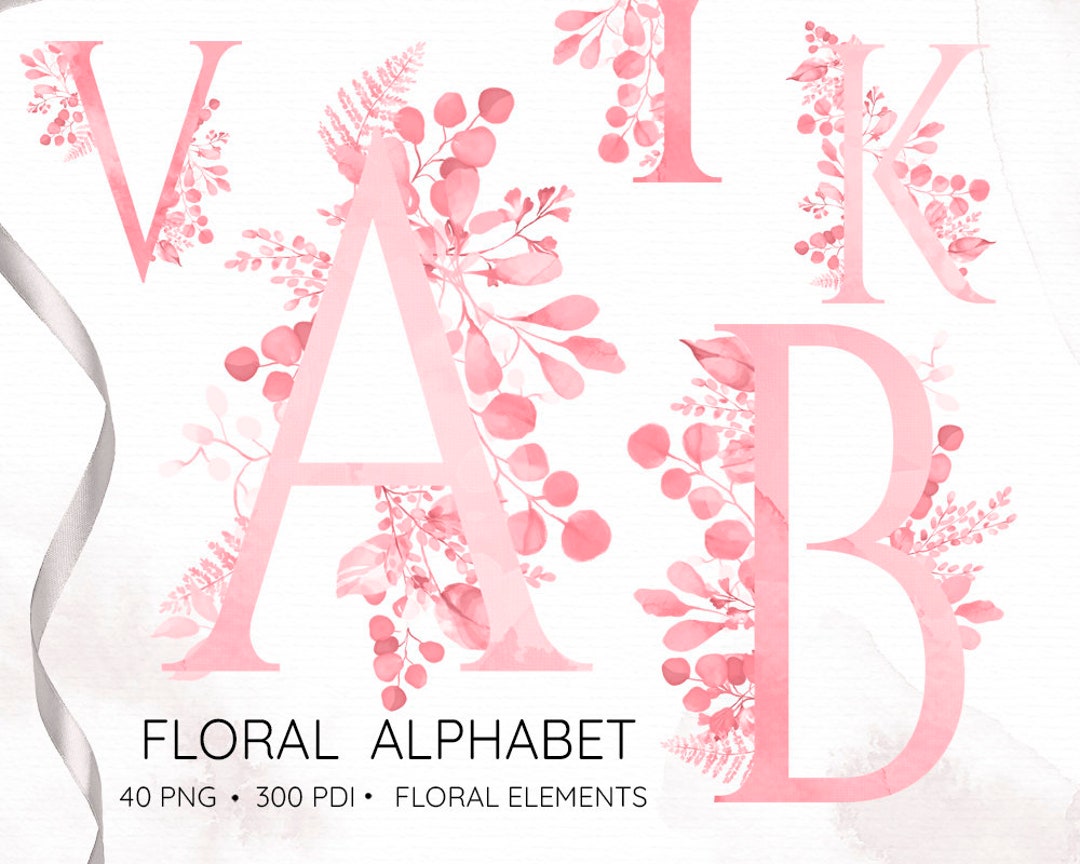 Blush Floral Alphabet Clipart, Watercolor Letters With Pink Leaves ...