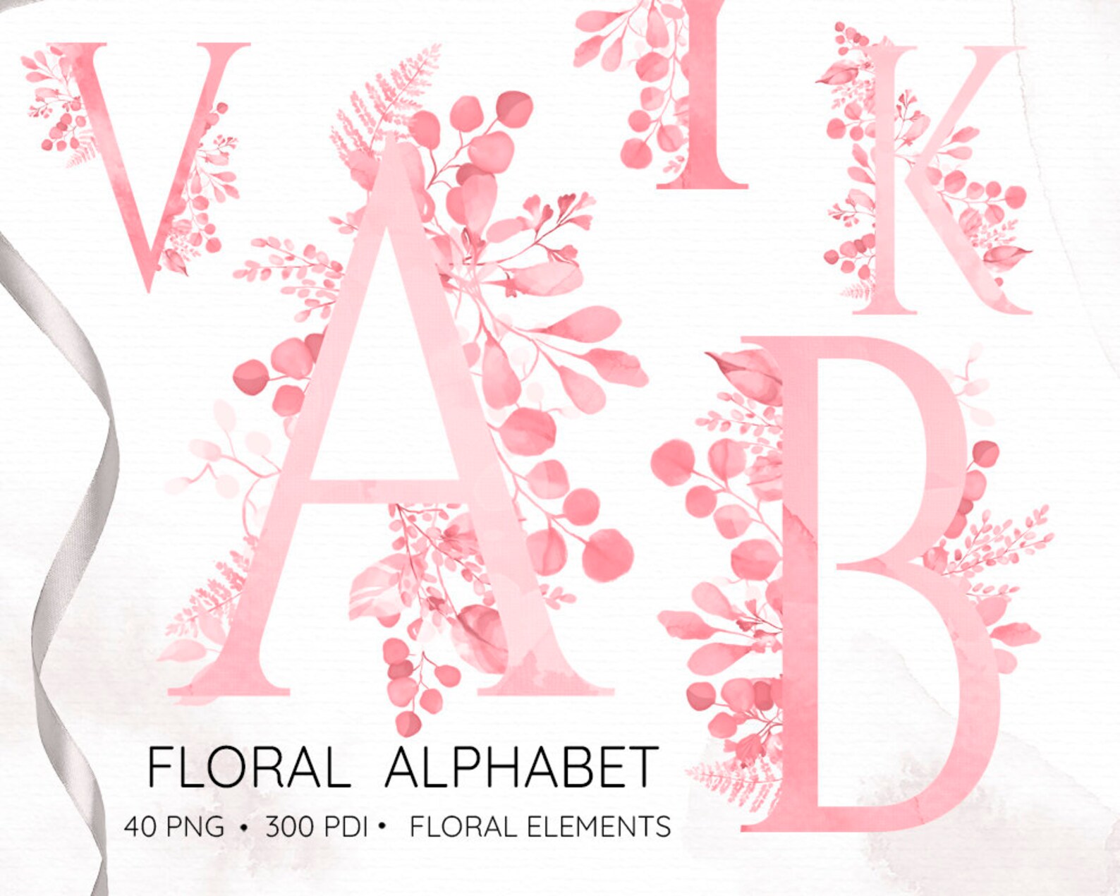 Blush Floral Alphabet Clipart, Watercolor Letters With Pink Leaves ...
