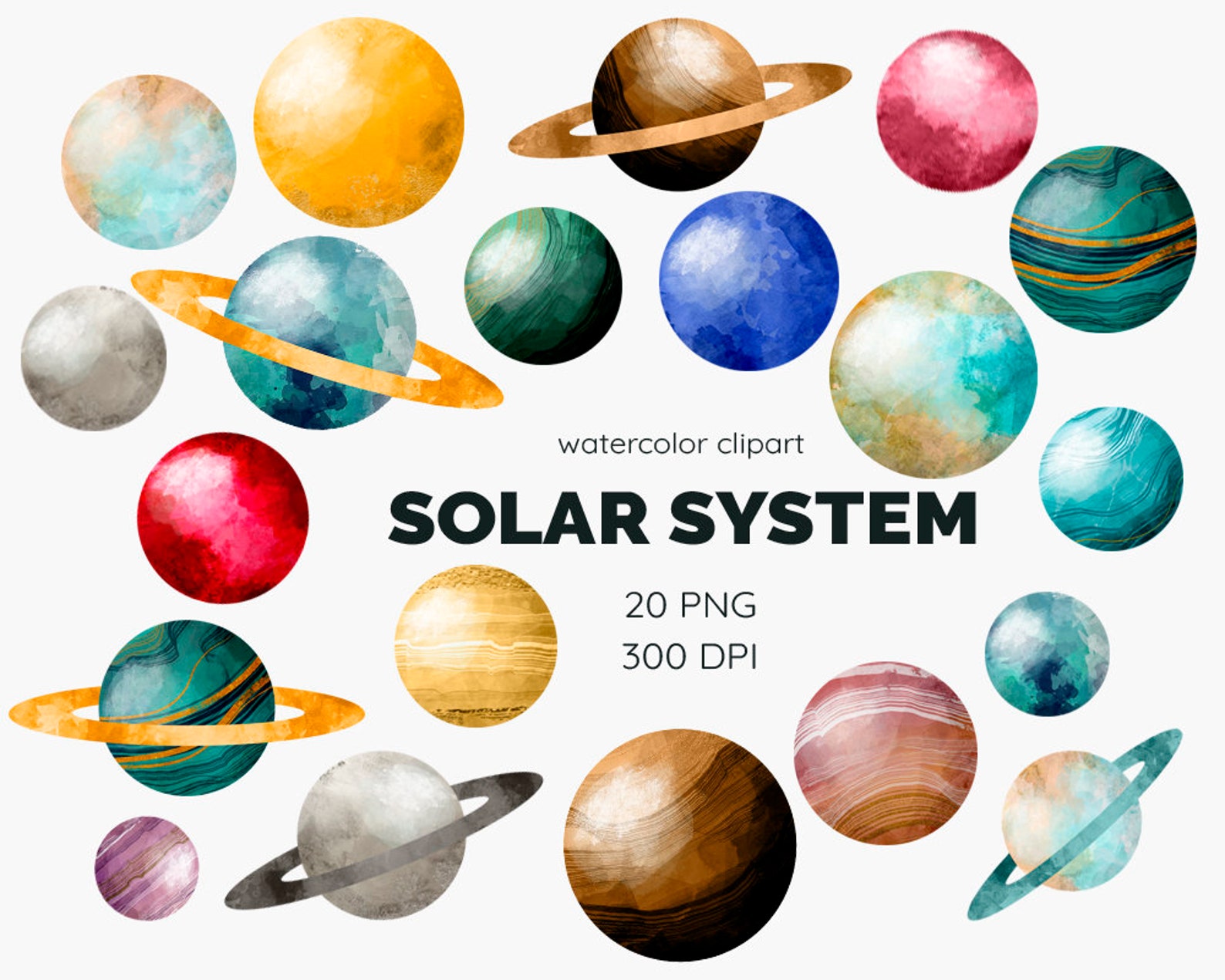 Solar System Clipart, Watercolor Planets Clip Art, Space Graphics ...