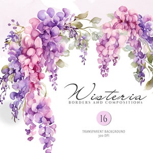 Watercolor Wisteria Clipart, Purple Pink & Blue Wisteria Flowers ...
