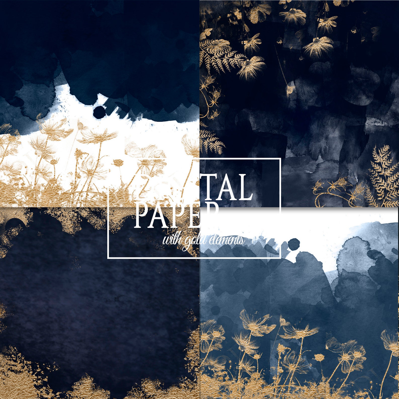 Black Floral Digital Paper Gold Foil Flowers Black | Etsy