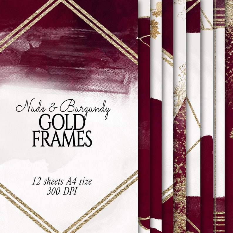 Burgundy Watercolor Digital Paper Burgundy and Gold | Etsy