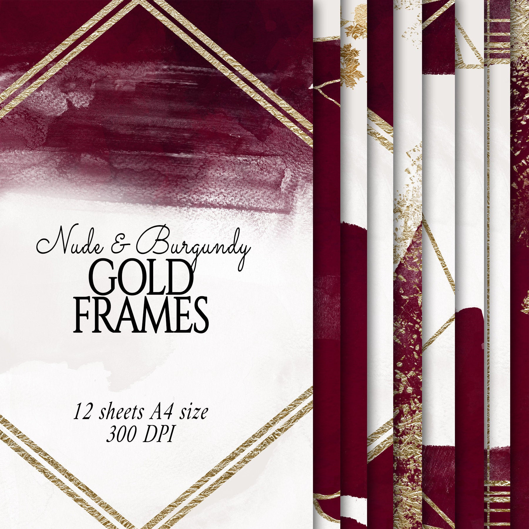 Burgundy Watercolor Digital Paper, Burgundy and Gold Invitation, Gold ...