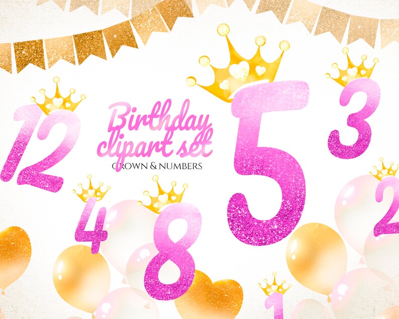 Crown Numbers Clipart Pink Princess Number Glitter Digital | Etsy
