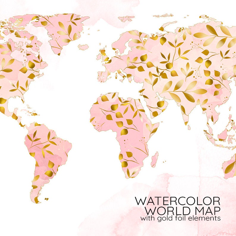 Watercolor World Map Clipart, World Map With Gold Foil Leaves, Blue ...