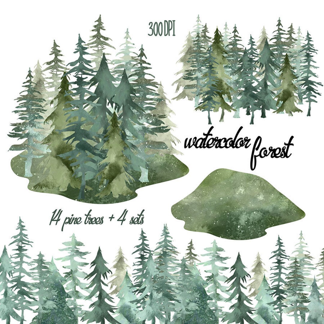 Watercolor Pine Trees Clipart, Watercolor Forest Clipart, Winter Forest ...