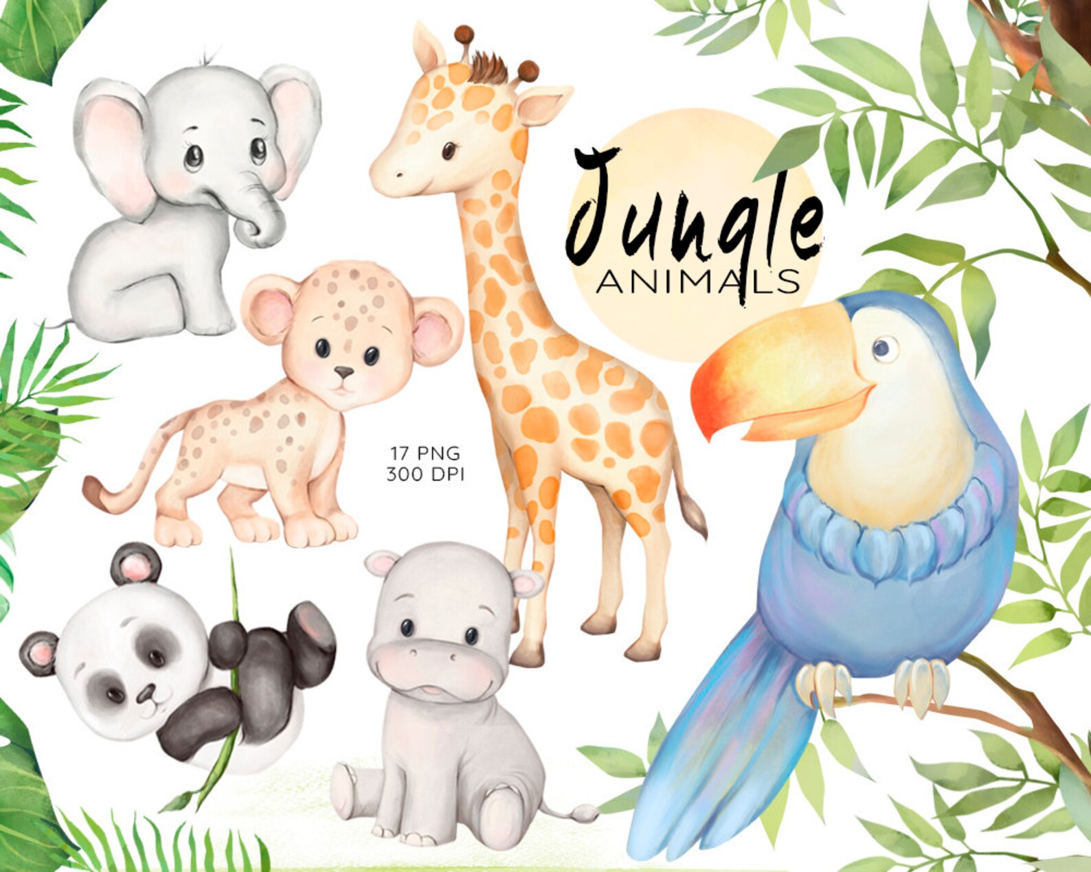 Watercolor Jungle Animals Clipart: Safari Nursery Art (PNG Digital ...