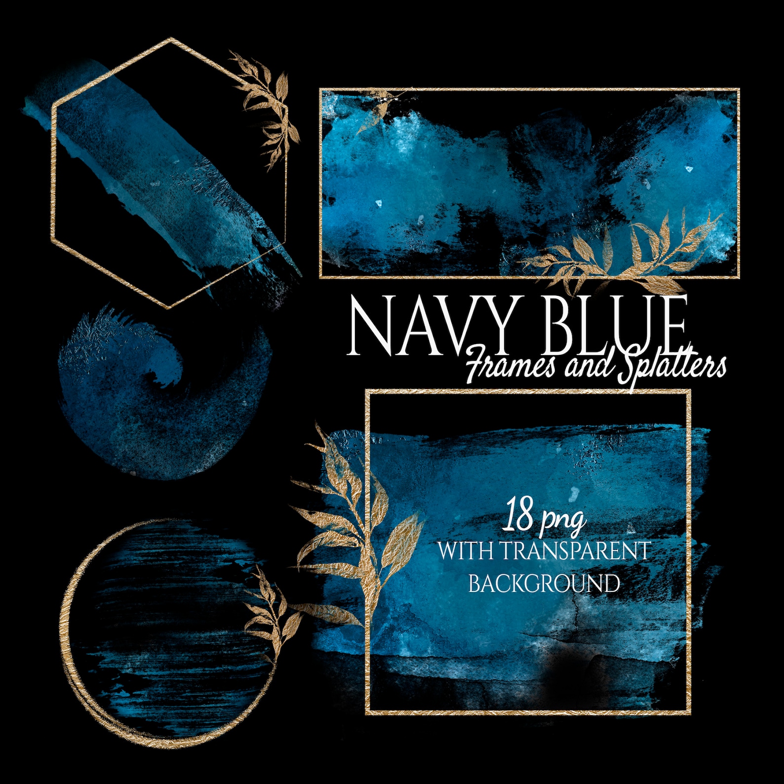 Navy Blue Watercolor Brush Strokes in Gold Foil Frames Clipart, Navy ...