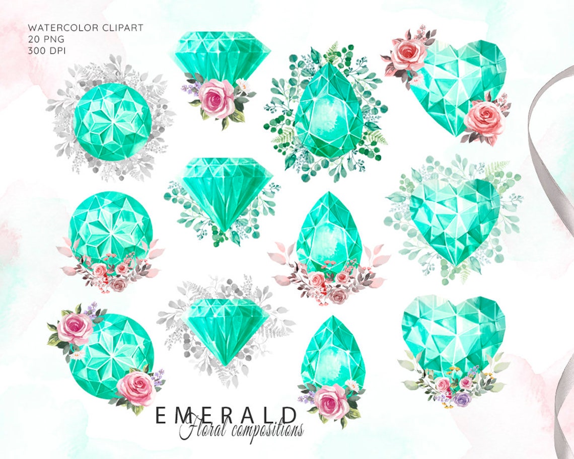 Emerald Clipart Watercolor Diamonds Floral Sapphire Clip - Etsy