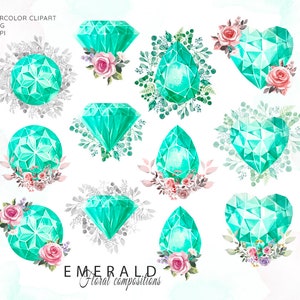 Emerald Clipart, Watercolor Diamonds, Floral Sapphire Clip Art, Jewels ...