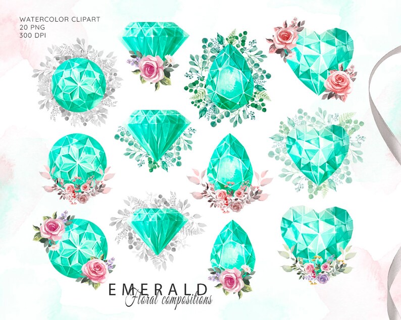 Emerald Clipart, Watercolor Diamonds, Floral Sapphire Clip Art, Jewels ...