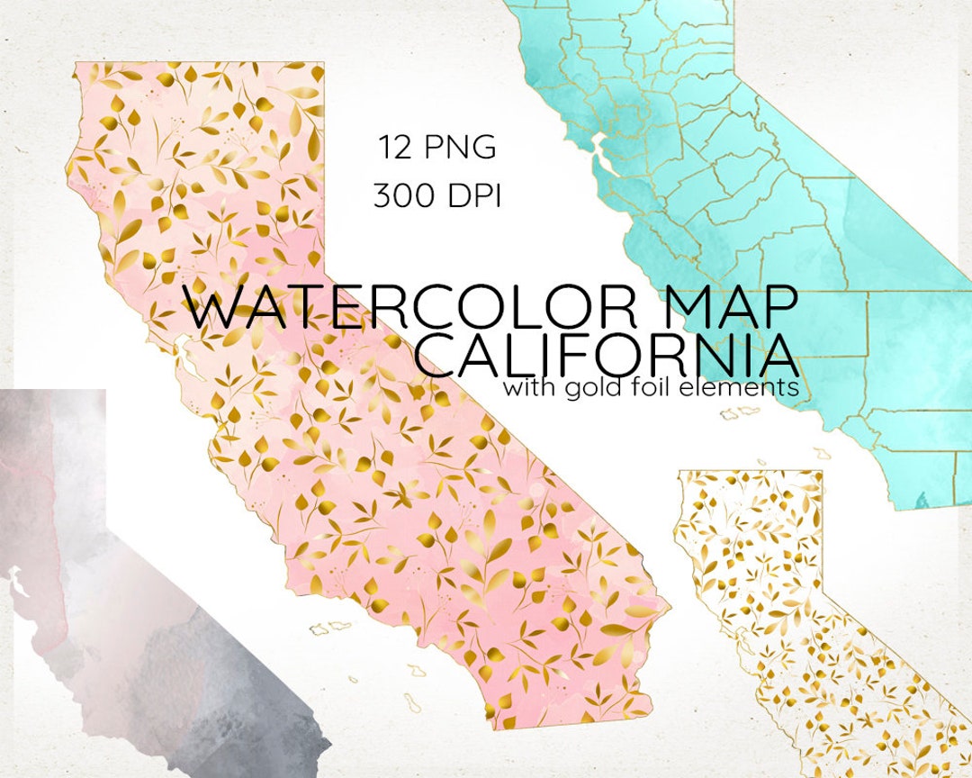 Watercolor California Map Clipart, California Map With Gold Foil Leaves ...