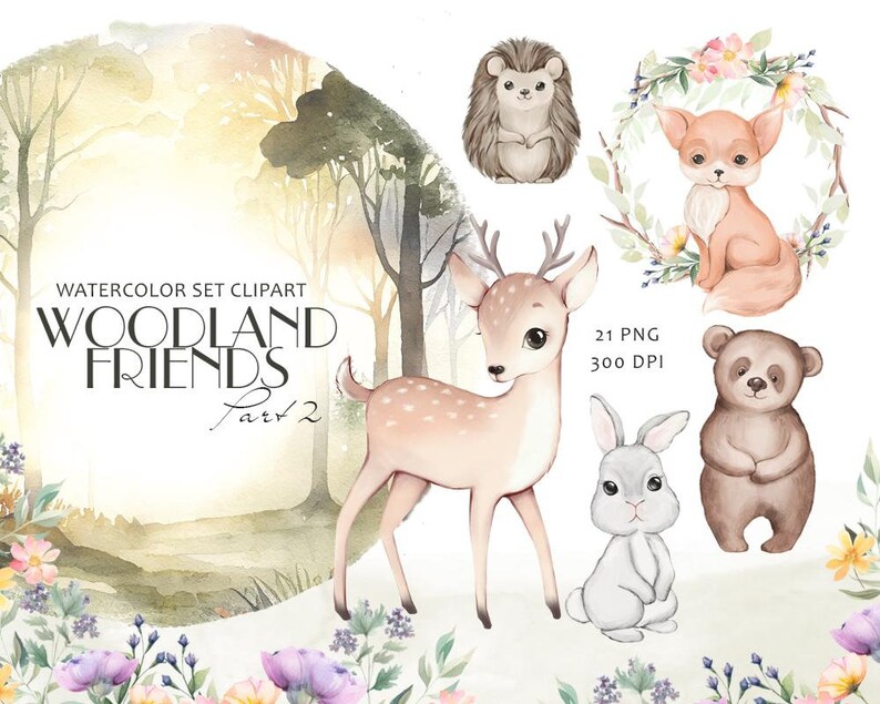 Forest Animals Clipart, Woodland Animals, Watercolor Cute Animals ...
