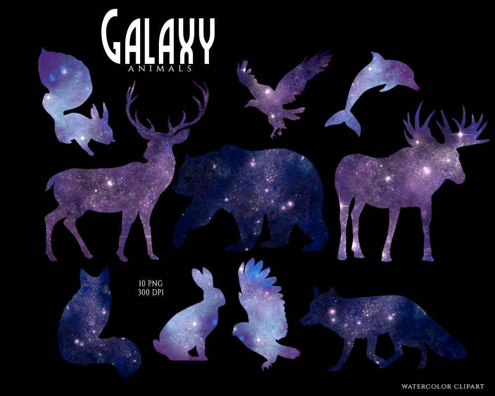 Watercolor Space Animals, Silhouettes Clipart, Galaxy Animals, Stars ...