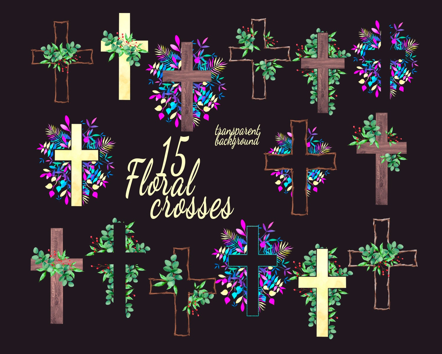 Watercolor Crosses, Floral Cross Clipart, Wood Cross, Baptism, Holy ...