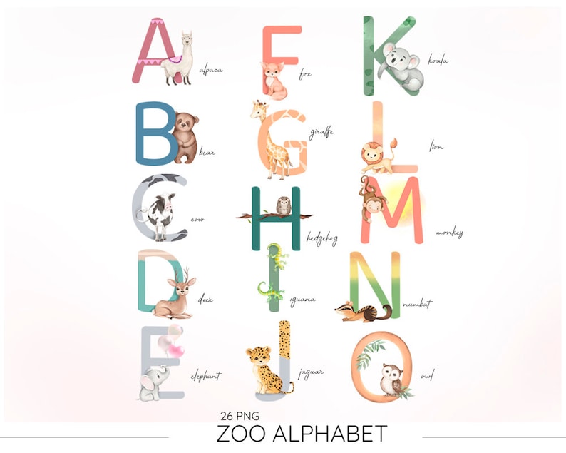 Watercolor Animals Alphabet Clipart, Animals Letters, Nursery Clip Art ...