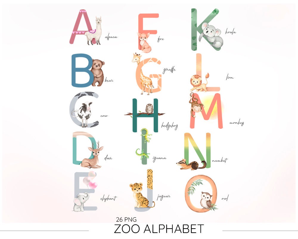 Watercolor Animals Alphabet Clipart, Animals Letters, Nursery Clip Art ...