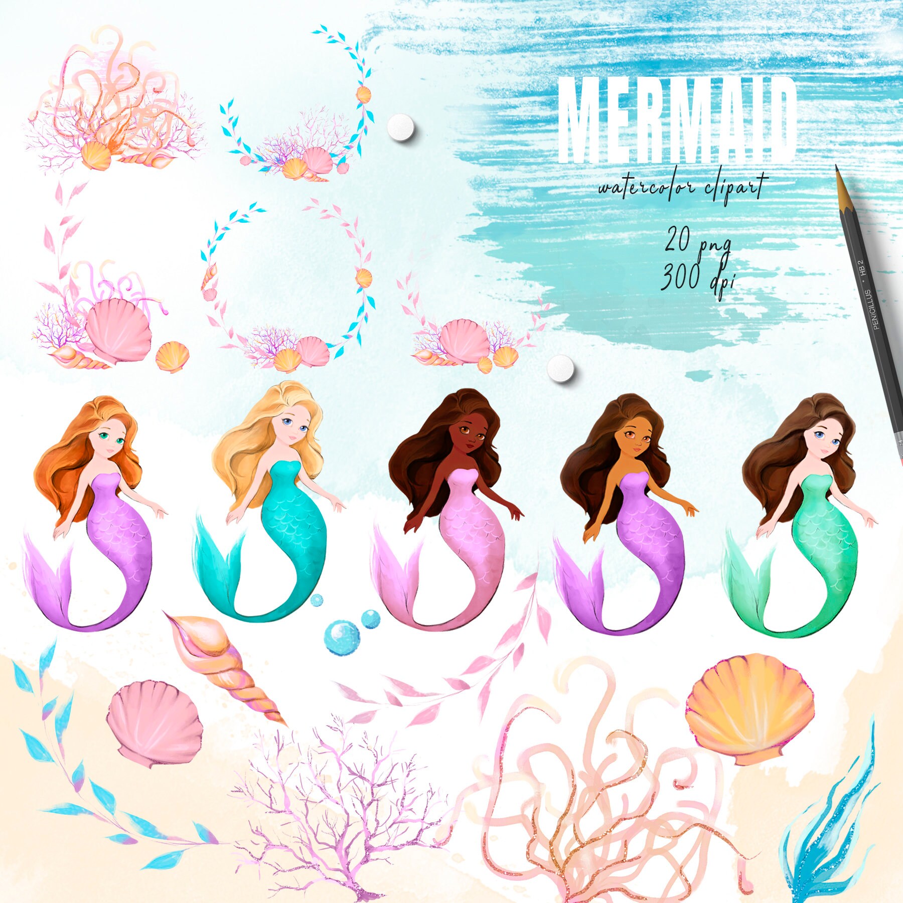 Watercolor Mermaid Clipart Sea Life Clipart Summer Mermaids | Etsy
