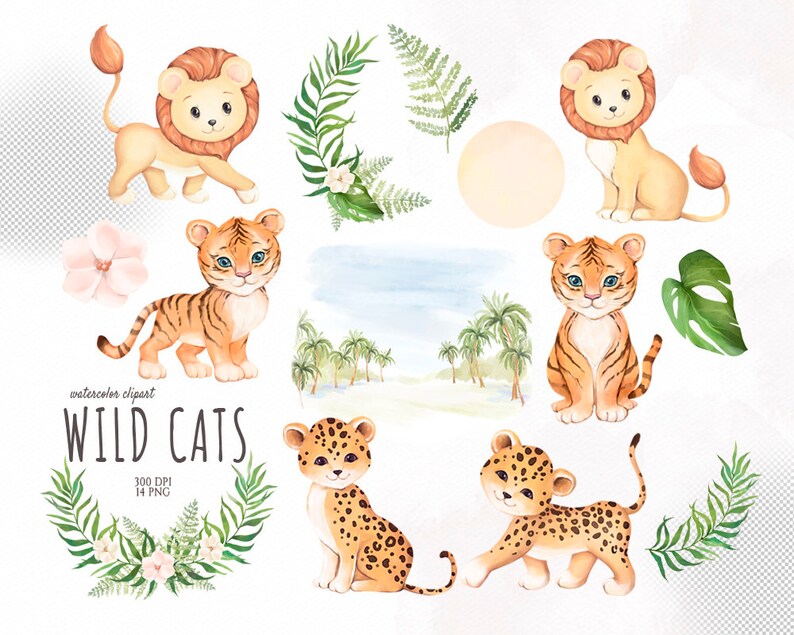 Wild Cats Watercolor Baby Animals Clipart Wild African Cute | Etsy