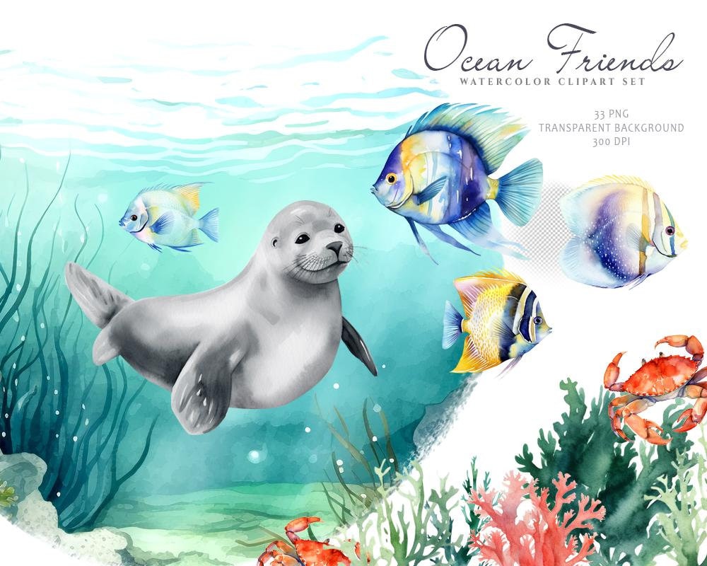 Sea Animals Clipart, Cute Ocean Animals Clipart, Nautical, Watercolor ...